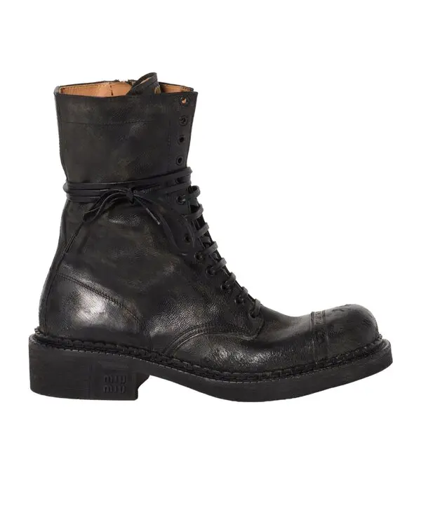 Miu Miu Embossed Logo Lace-up Boots - Black