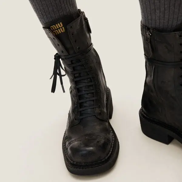 Miu Miu Embossed Logo Lace-up Boots - Black