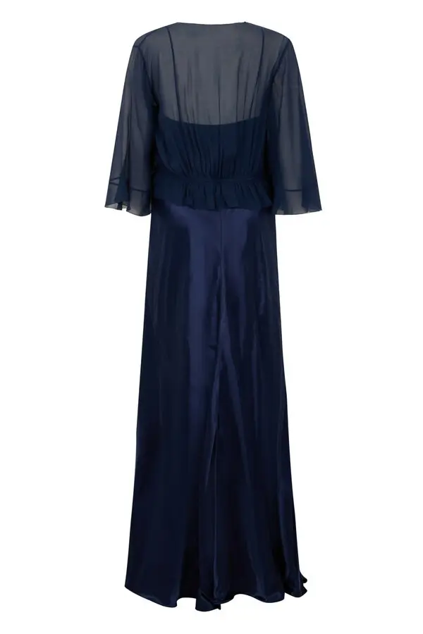 Alberta Ferretti Shiny Satin Maxi Dress With Cape Effect - Blue