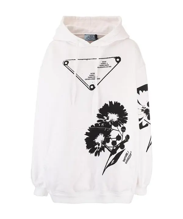 Prada Patterned Hooded Sweater With Printed Rope Detail - White / Black