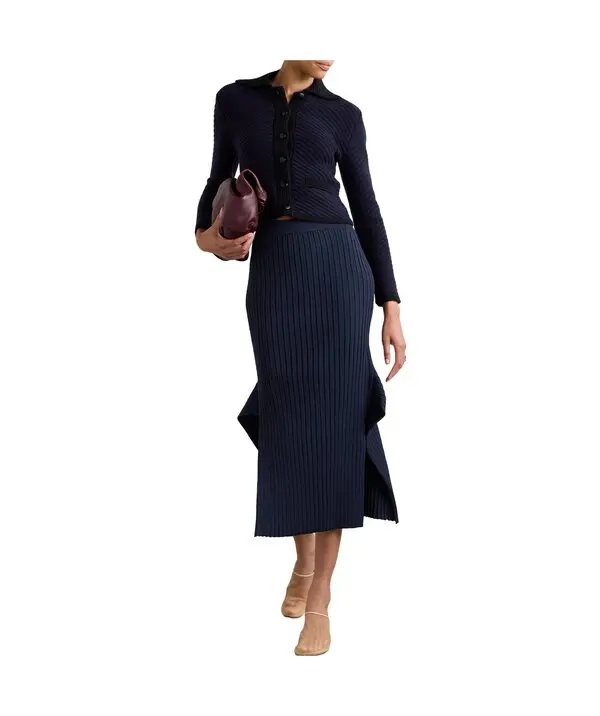 Stella McCartney High Waist Ribbed Knit Midi Skirt With Side Slits - Navy