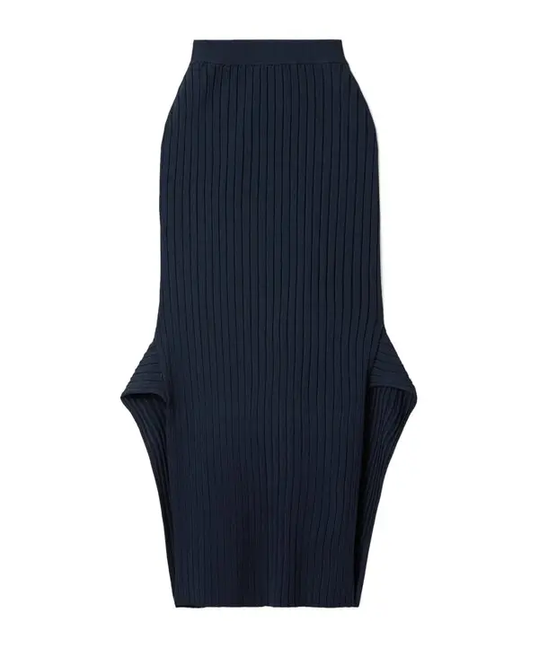 Stella McCartney High Waist Ribbed Knit Midi Skirt With Side Slits - Navy