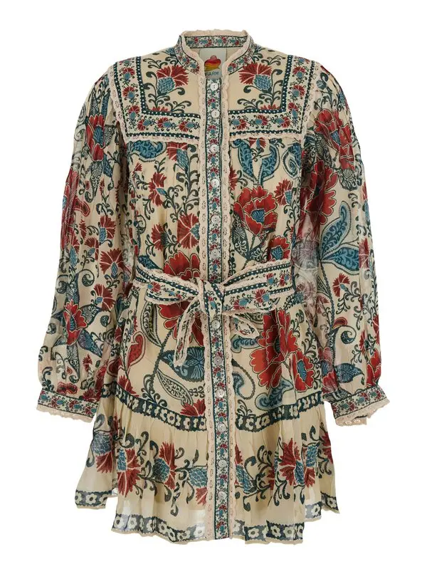 Farm Rio Floral Belted Dress - Nude