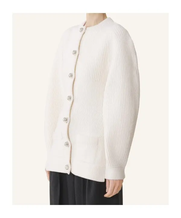 LANVIN Balloon Sleeve Cardigan With Metallic Ball Button Closure - White
