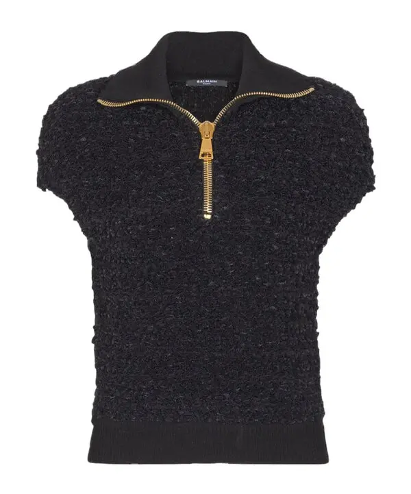 Balmain Short Sleeve Zip Collar Textured Top - Black