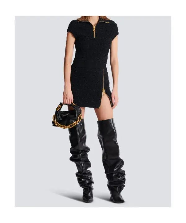 Balmain Short Sleeve Zip Collar Textured Top - Black