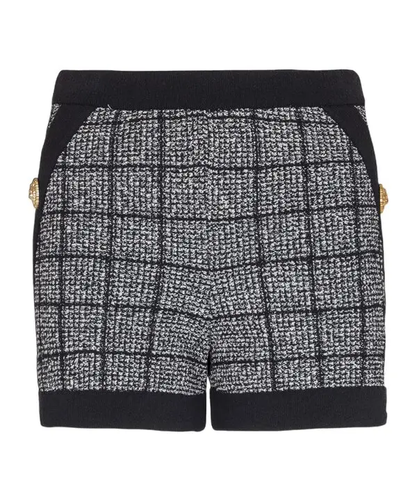 Balmain Checked Tweed Shorts With Lion Head Buttons