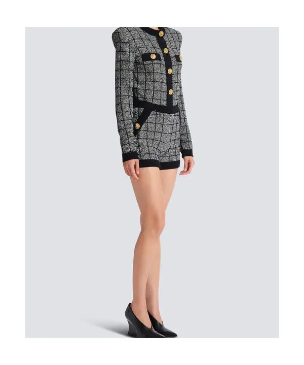 Balmain Checked Tweed Shorts With Lion Head Buttons