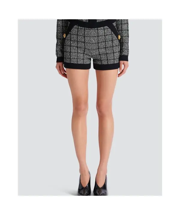Balmain Checked Tweed Shorts With Lion Head Buttons
