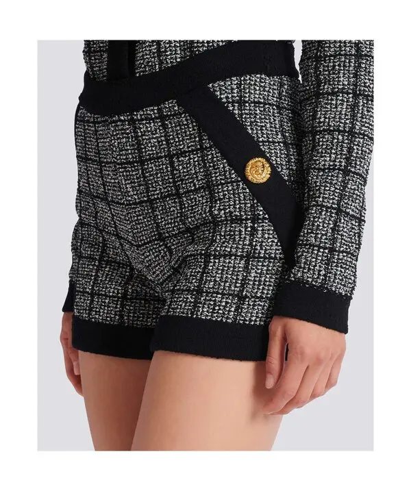 Balmain Checked Tweed Shorts With Lion Head Buttons