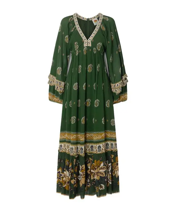 Farm Rio Ayla Printed Maxi Dress With V-neck And Pleated Details