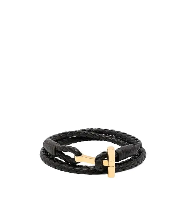 TOM FORD Braided Leather Bracelet With Logo Clasp - Black