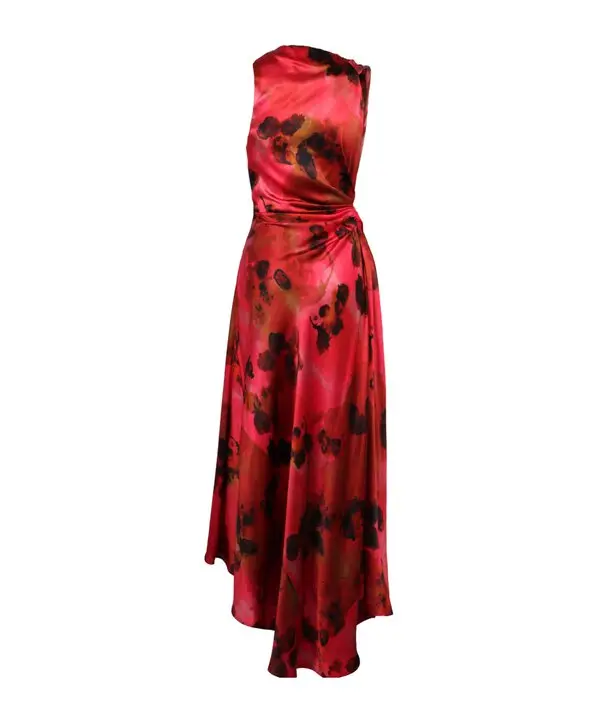 Victoria Beckham Asymmetric Hem Floral-printed Satin Midi Dress - Red