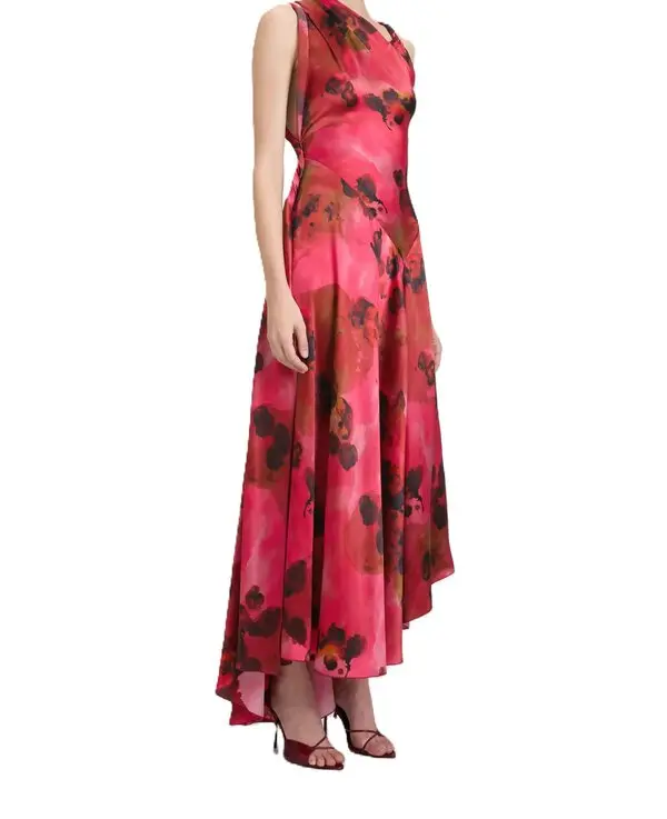 Victoria Beckham Asymmetric Hem Floral-printed Satin Midi Dress - Red