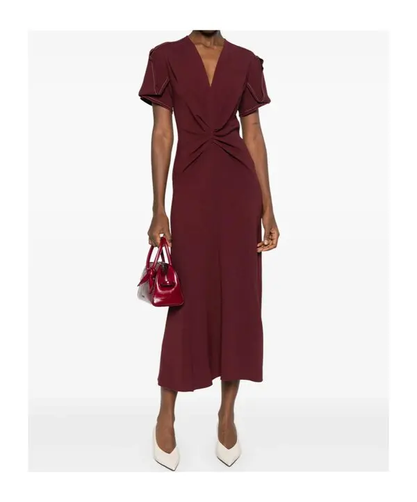Victoria Beckham V-neck Twist Detailed Midi Dress - Red