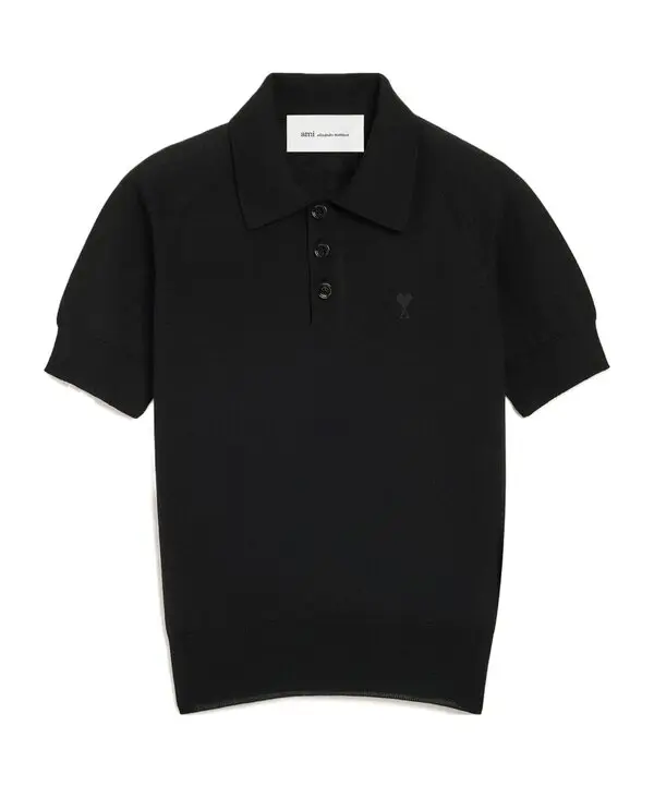 AMI Paris Logo Embroidered Knitted Polo Top - Black
