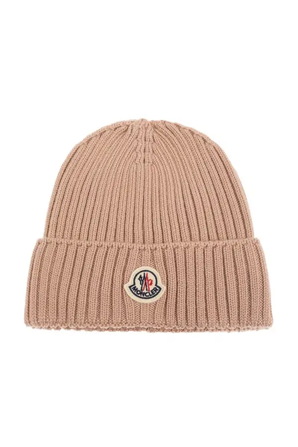 Moncler Logo Patch Ribbed Beanie - Nude