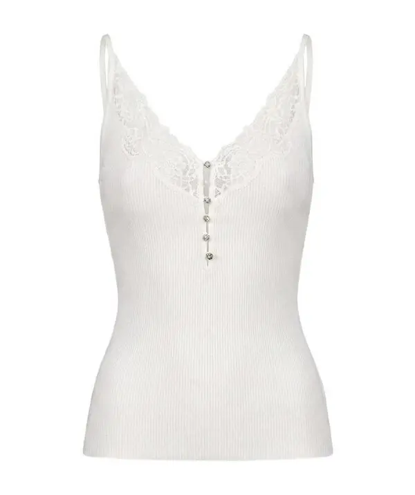 SELF-PORTRAIT Lace-trimmed Ribbed-knit Top