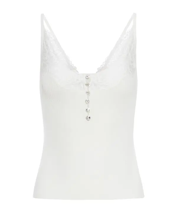 SELF-PORTRAIT Lace-trimmed Ribbed-knit Top - White