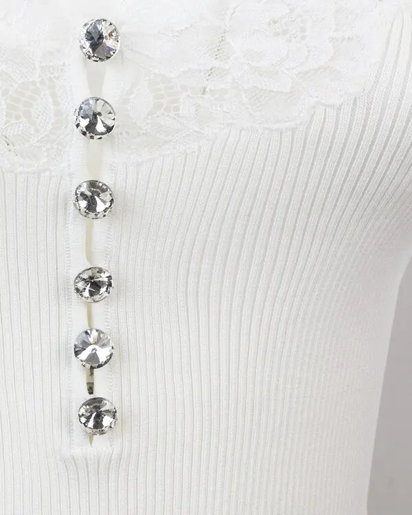 SELF-PORTRAIT Lace-trimmed Ribbed-knit Top