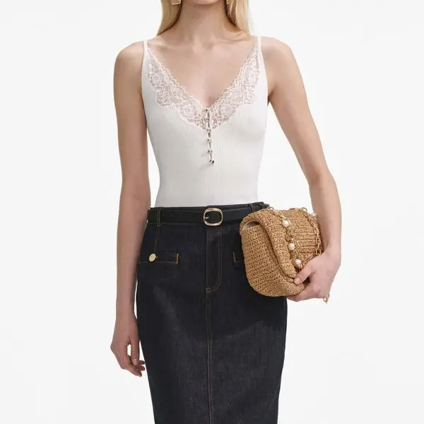 SELF-PORTRAIT Lace-trimmed Ribbed-knit Top