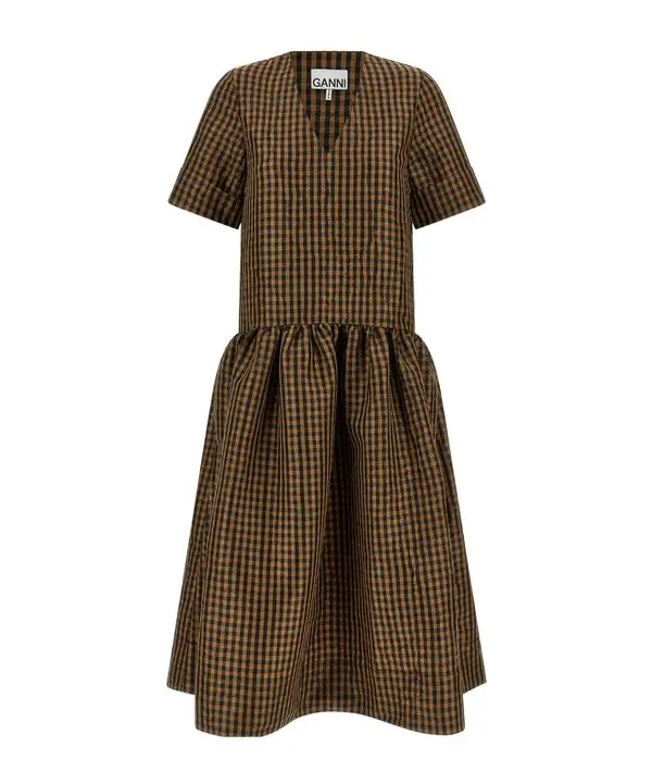 GANNI Crinkled Check Long Dress - Brown