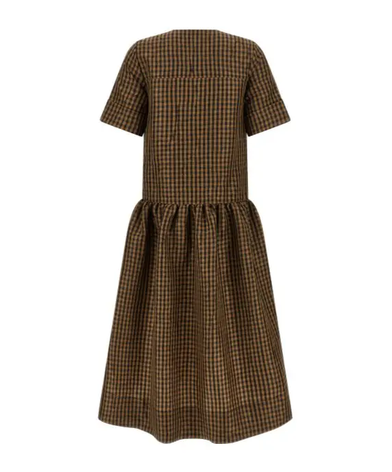 GANNI Crinkled Check Long Dress - Brown