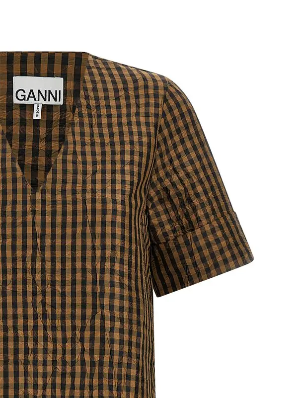 GANNI Crinkled Check Long Dress - Brown