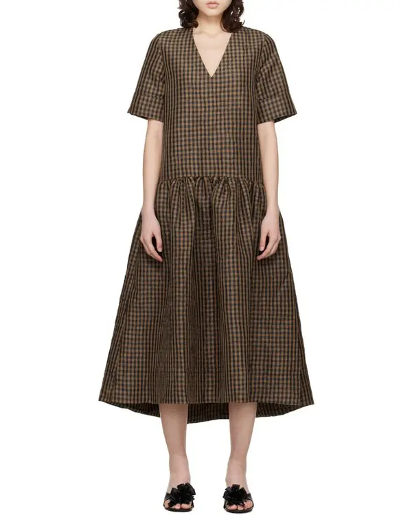 GANNI Crinkled Check Long Dress - Brown