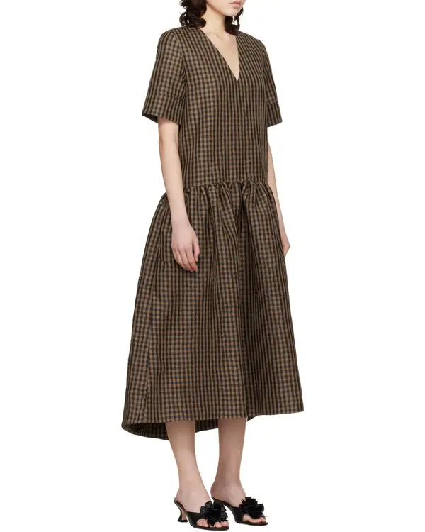 GANNI Crinkled Check Long Dress - Brown