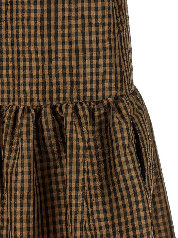 GANNI Crinkled Check Long Dress - Brown