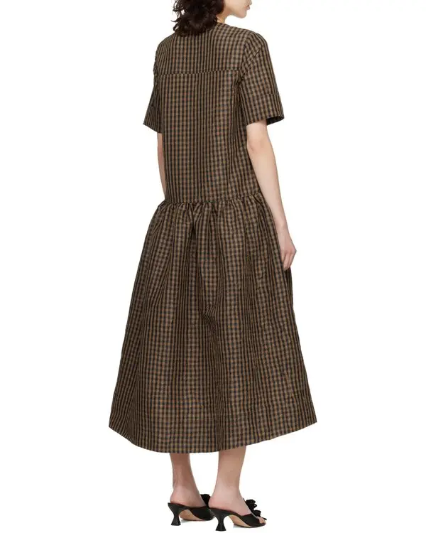 GANNI Crinkled Check Long Dress - Brown