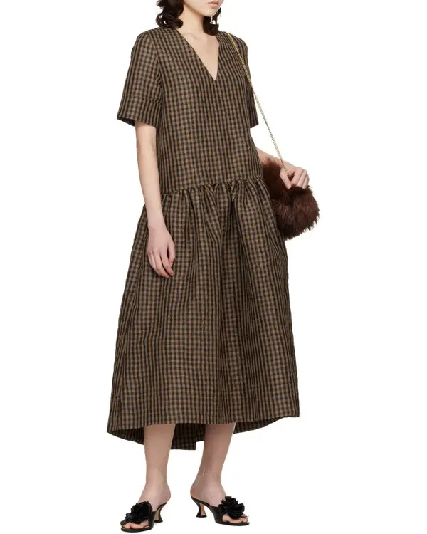 GANNI Crinkled Check Long Dress - Brown