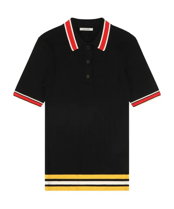ENTIRE STUDIOS Striped Ribbed Knit Polo Shirt - Black