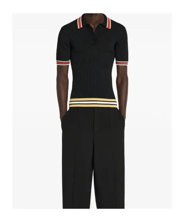 ENTIRE STUDIOS Striped Ribbed Knit Polo Shirt - Black