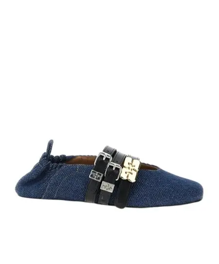GANNI Sue Triple Denim Ballerinas With Buckled Straps - Blue