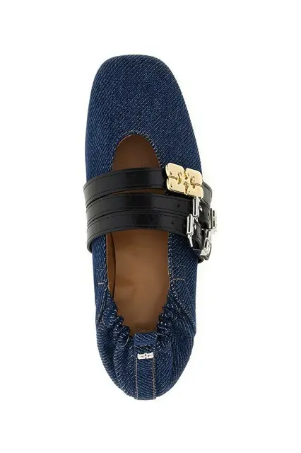GANNI Sue Triple Denim Ballerinas With Buckled Straps - Blue