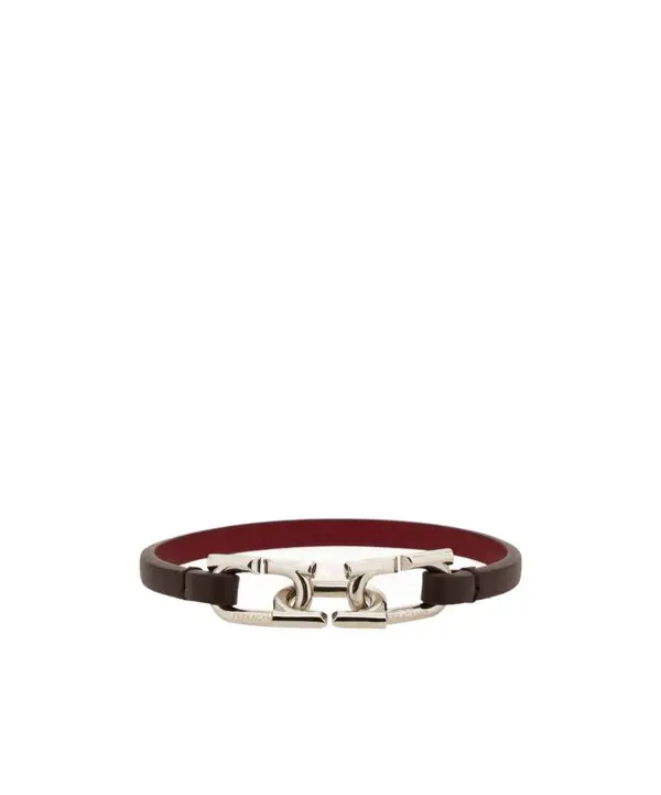 FERRAGAMO Leather Gancini Bracelet - Silver/testa Di Moro/red