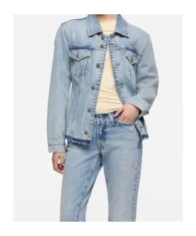 7 For All Mankind Trucker Button Frayed Denim Jacket - Light Blue