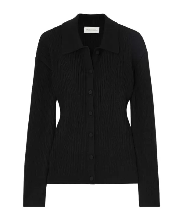 Dries Van Noten Ribbed Knit Long Sleeve Cardigan - Black