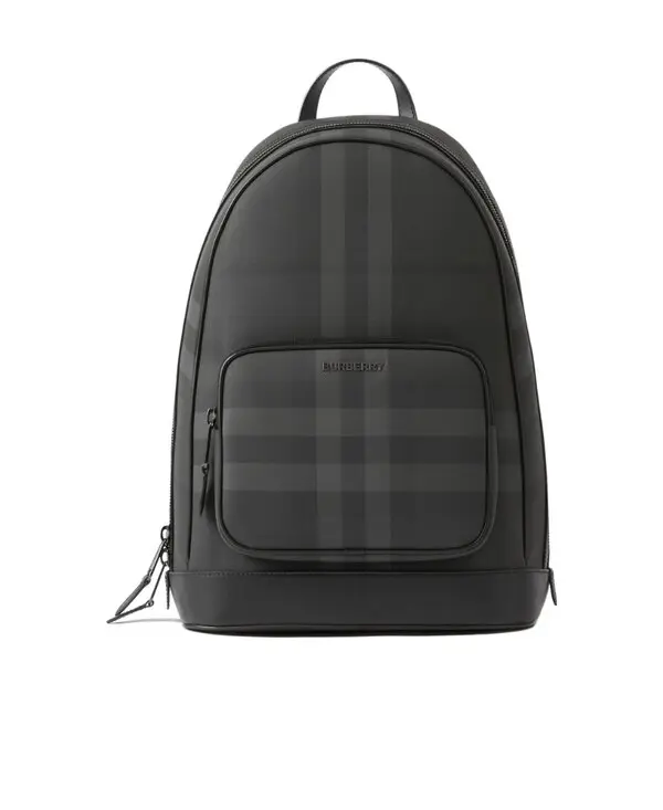 Burberry Logo Printed Checked Leather Backpack - Charcoal-grey