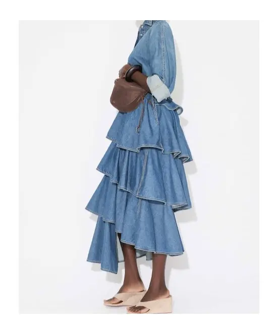 Alaïa Denim Spiral Ruffle Midi Skirt - Mineral