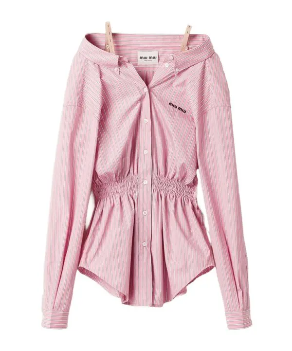 Miu Miu Striped Cotton Shirtdress With Embroidered Logo - Pink