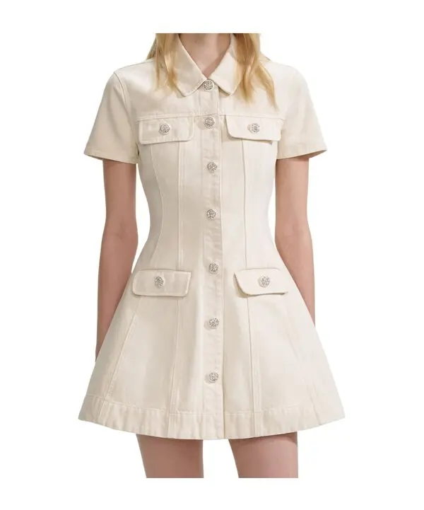 SELF-PORTRAIT Collared Denim Mini Dress With Faux Diamanté Buttons