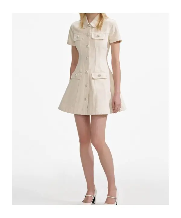 SELF-PORTRAIT Collared Denim Mini Dress With Faux Diamanté Buttons