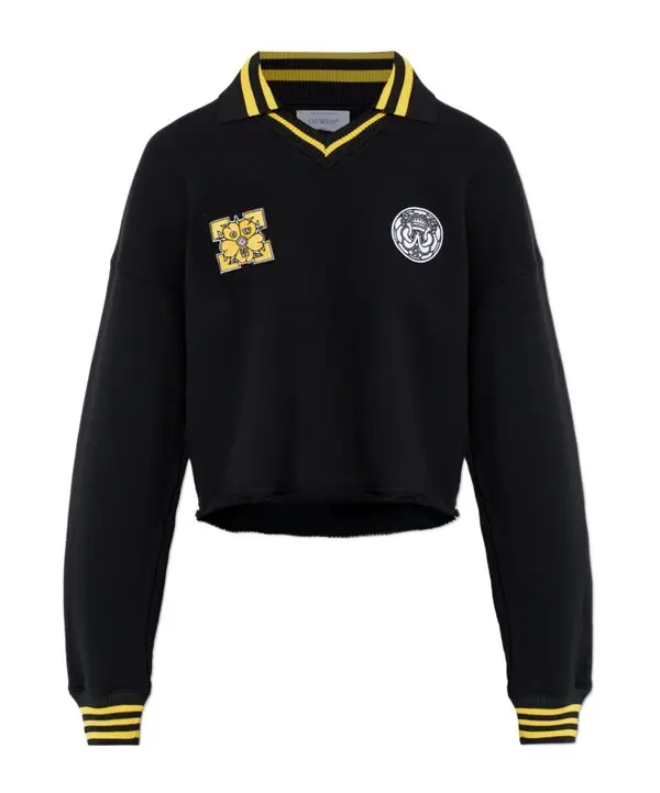 Off-White V-neck Cropped Sweatshirt With Contrasting Trim