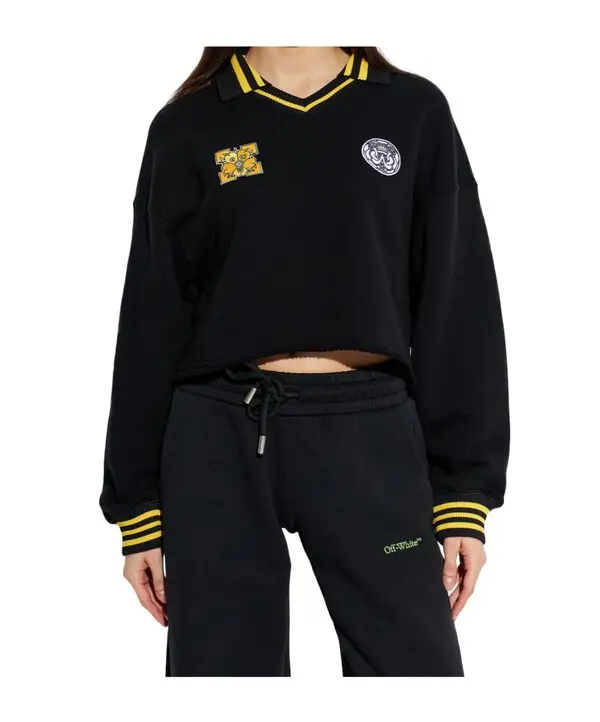 Off-White V-neck Cropped Sweatshirt With Contrasting Trim