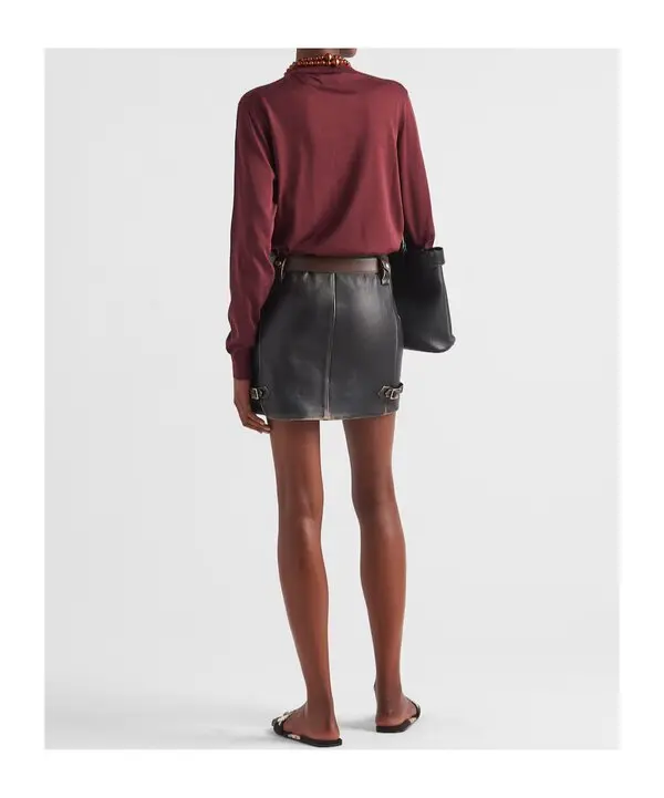 Prada Leather Miniskirt With Zippered Placket And Welt Pockets