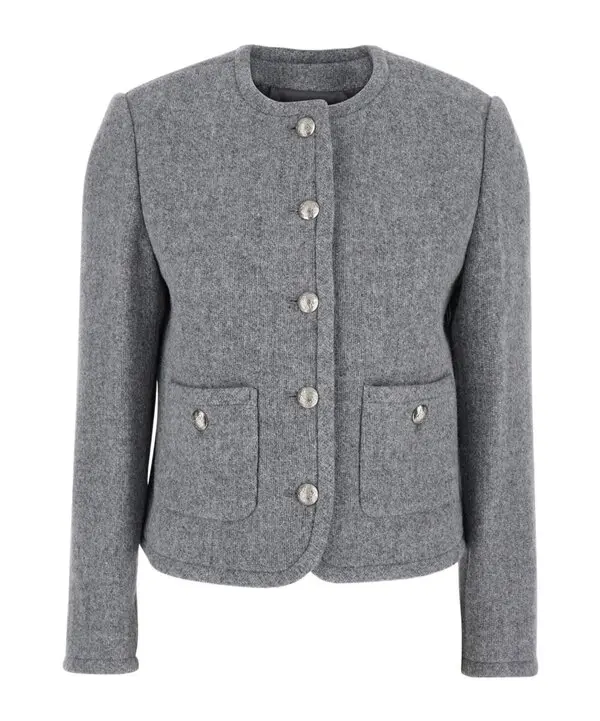 DUNST Collarless Tweed Buttoned Jacket - Gray