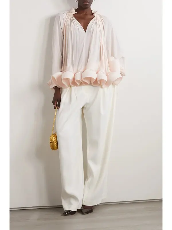LANVIN Gathered Ruffle Charmeuse Blouse - Nude